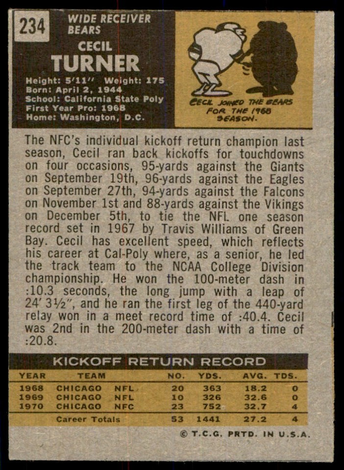 1971 TOPPS. CECIL TURNER. CHICAGO BEARS #234 | eBay