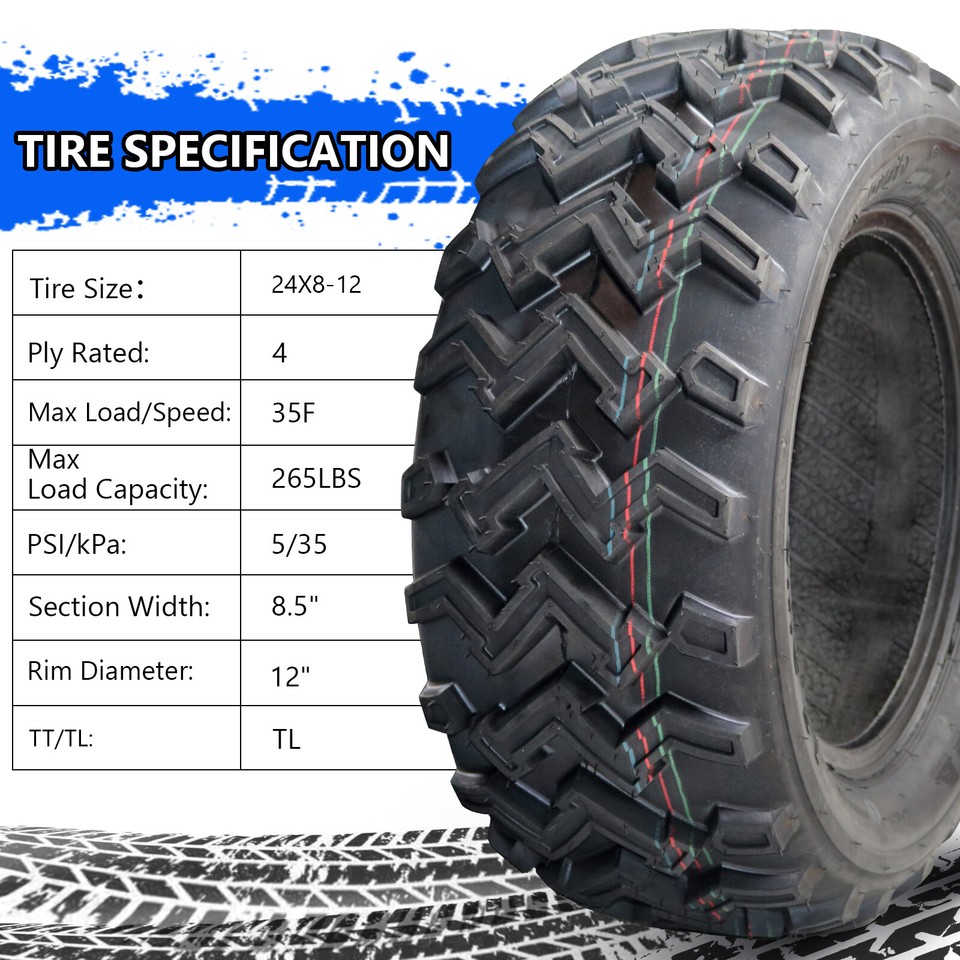 24X8-12 ATV Tires 4PR All Terrain 24X8X12 ATV UTV Trail Sand Mud Off ...