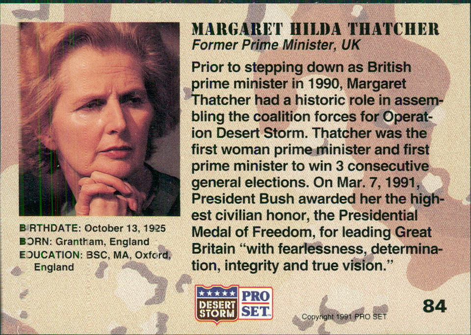 1991 Pro Set Desert Storm Card #84 - UK Prime Minister Margaret ...