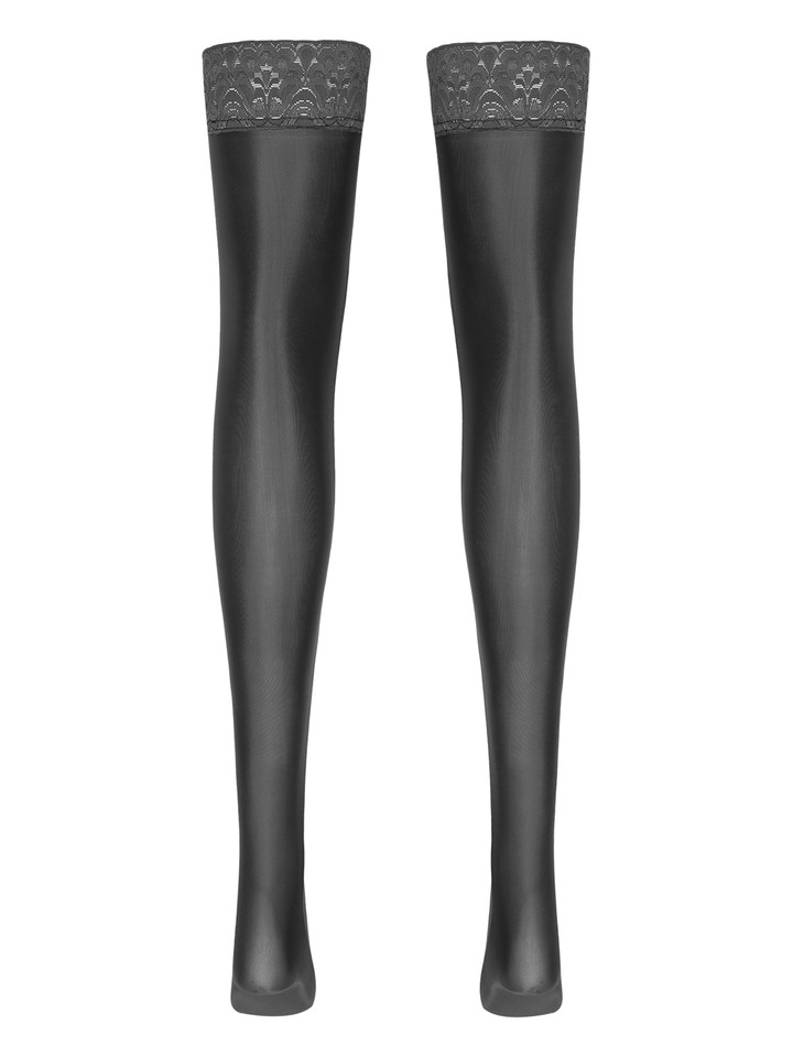 Women Shiny Thigh High Stockings Lace Sheer Footed Tights Stay Up ...