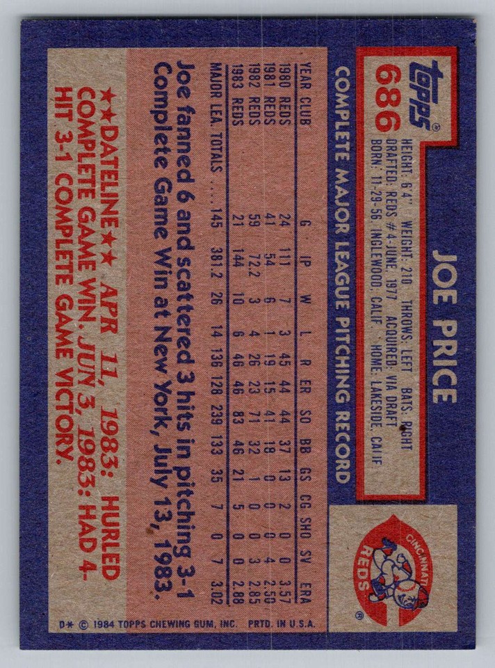 1984 Topps #686 Joe Price Cincinnati Reds | eBay