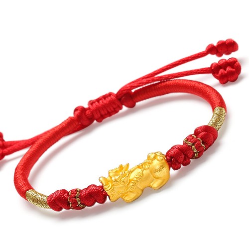 Pure Gold Bracelet For Women 3D Hard Gold Pixiu Gold Bead Red String ...