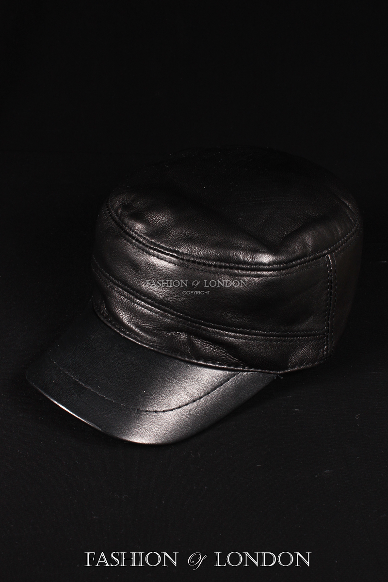 Black CASTRO Cap ARMY HAT Real Lambskin Leather Military Combat Sun Cap ...