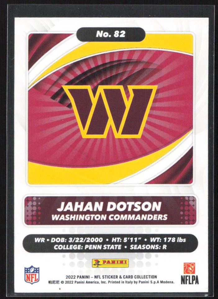 2022 Panini Sticker & Card Jahan Dotson #82 Red Rookie #175/199 ...