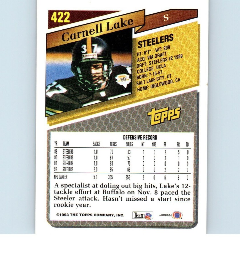 Carnell Lake 422 Steelers 1993 Topps NFL Football Trading Card | eBay