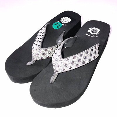 Yellow Box Flip Flops Gray Jeweled Rhinestone Beads Sparkle Wedge ...