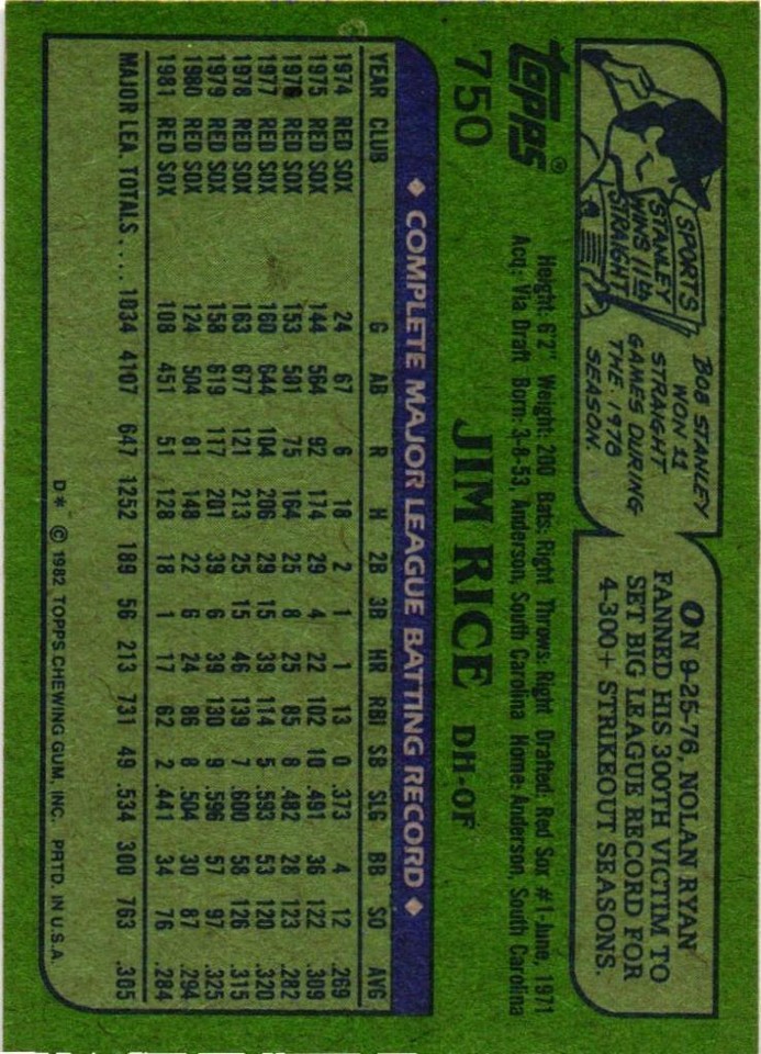 JIM RICE 1982 Topps #750 FREE SHIPPING B13R4S12P17 | eBay