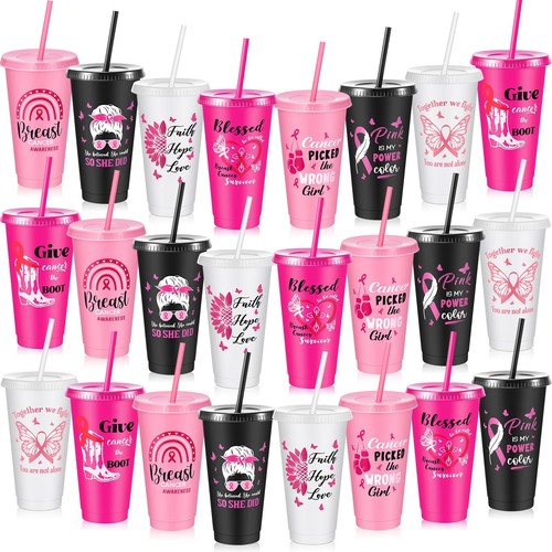 24 Pcs Breast Cancer Awareness Plastic Cups 24 oz Resuable Cup with ...
