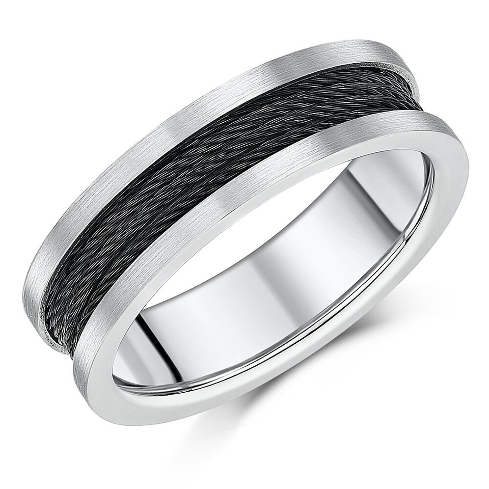 5mm or 7mm Titanium Black Inlaid Steel Cable Wedding Ring Band | eBay UK