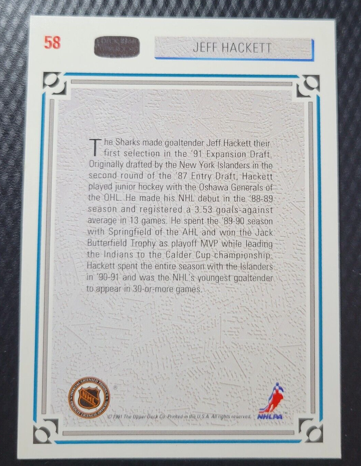 1991-92 Upper Deck JEFF HACKETT San Jose Sharks Hockey 75NHL Card #58 ...