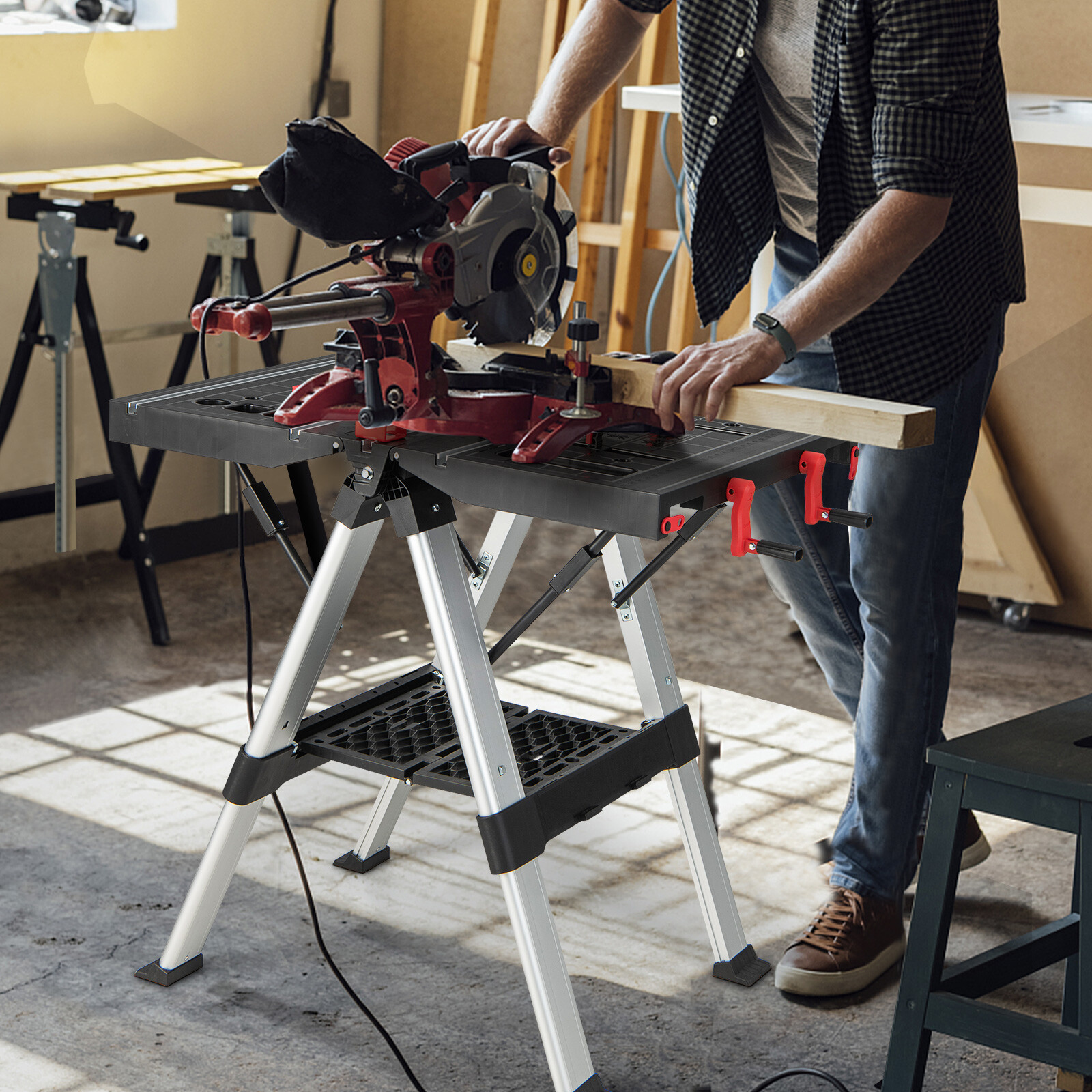 Folding Worktable & Sawhorse Portable Clamping Workstation 2 Adjustable ...
