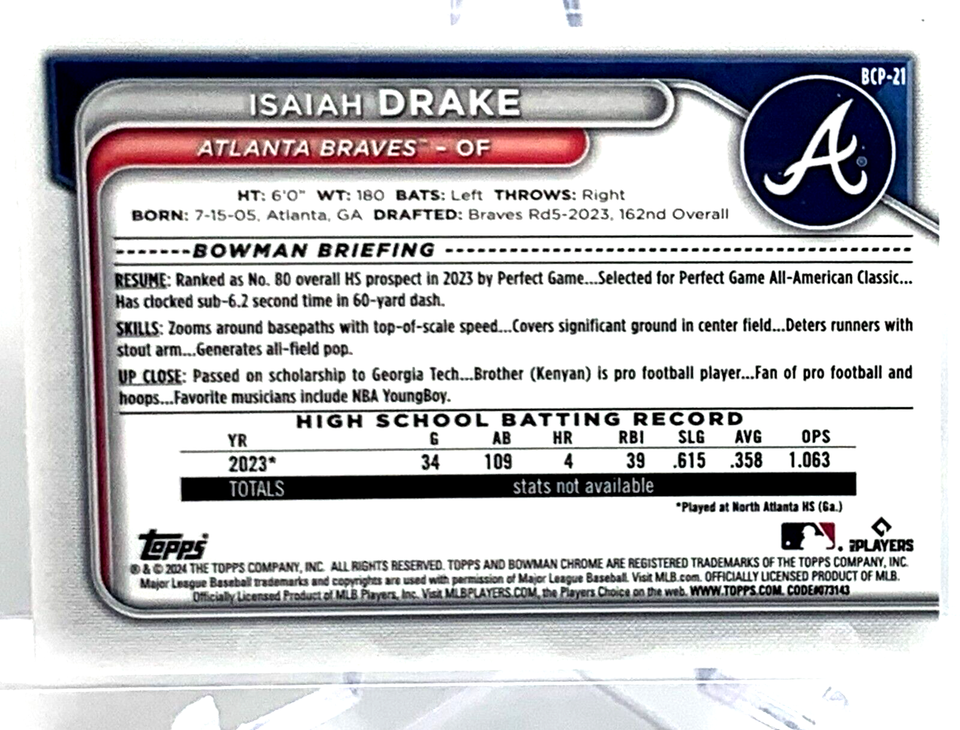 ISAIAH DRAKE 2024 BOWMAN CHROME PROSPECTS #BCP21 ATLANTA BRAVES NEAR ...