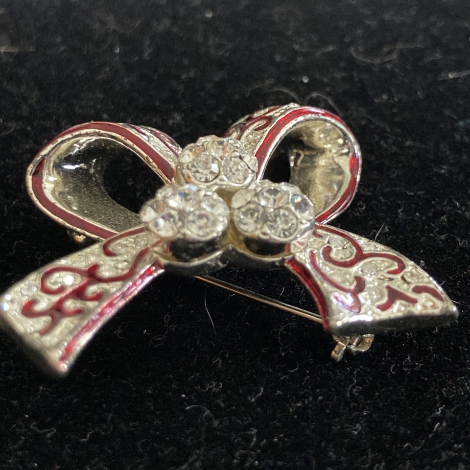 Vintage MONET Brooch Pin Red Enamel Rhinestones Silver Tone Bow | eBay