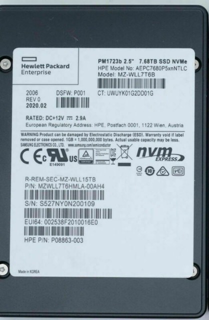 Samsung 7.68tb Pm1723b SSD NVMe Aepc15t4p5xnntlc Mz-wll7t6b ...