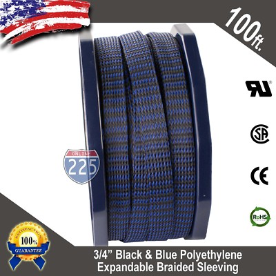 100 FT 3/4" Black Blue Expandable Wire Sleeving Sheathing Braided Loom ...