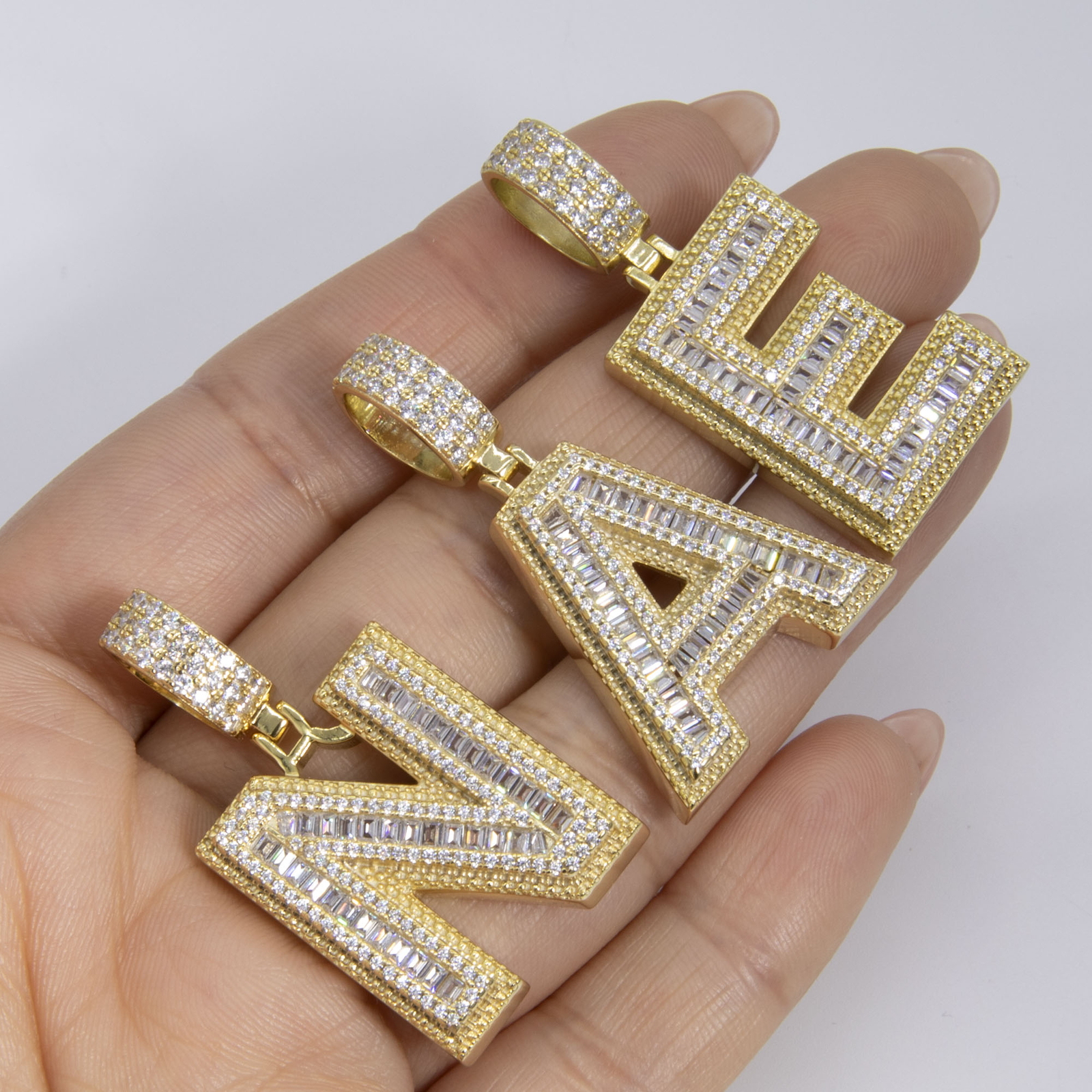 1 1/2" Baguette Block Initial Pendant 14K Yellow Gold-Plated Sterling ...