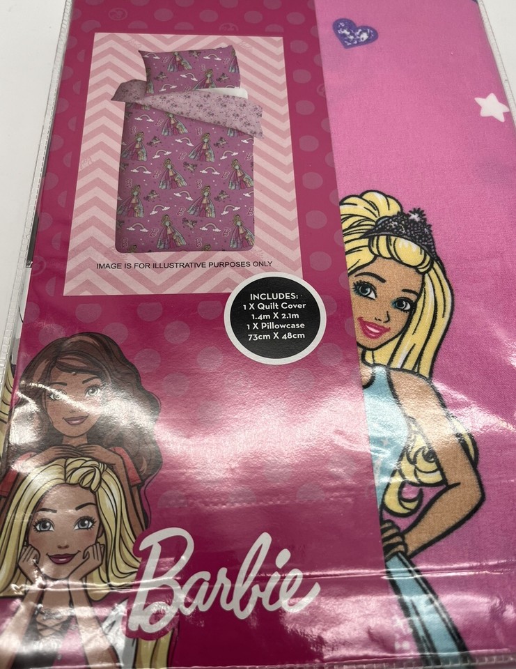 Barbie Single Quilt Cover Set Pink Rainbows Doll Princess Reversible ...