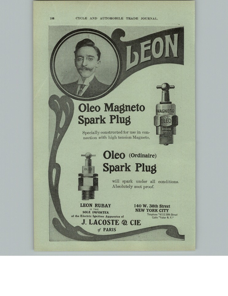 1905 PAPER AD Mosler Spitfire Spark Plug Oleo Magneto Car Auto ...