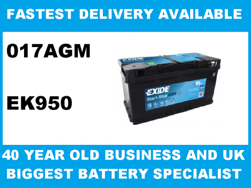 EK950 Exide 017 Battery AGM fits Alfa BMW Citroen Ford Mercedes Peugeot ...