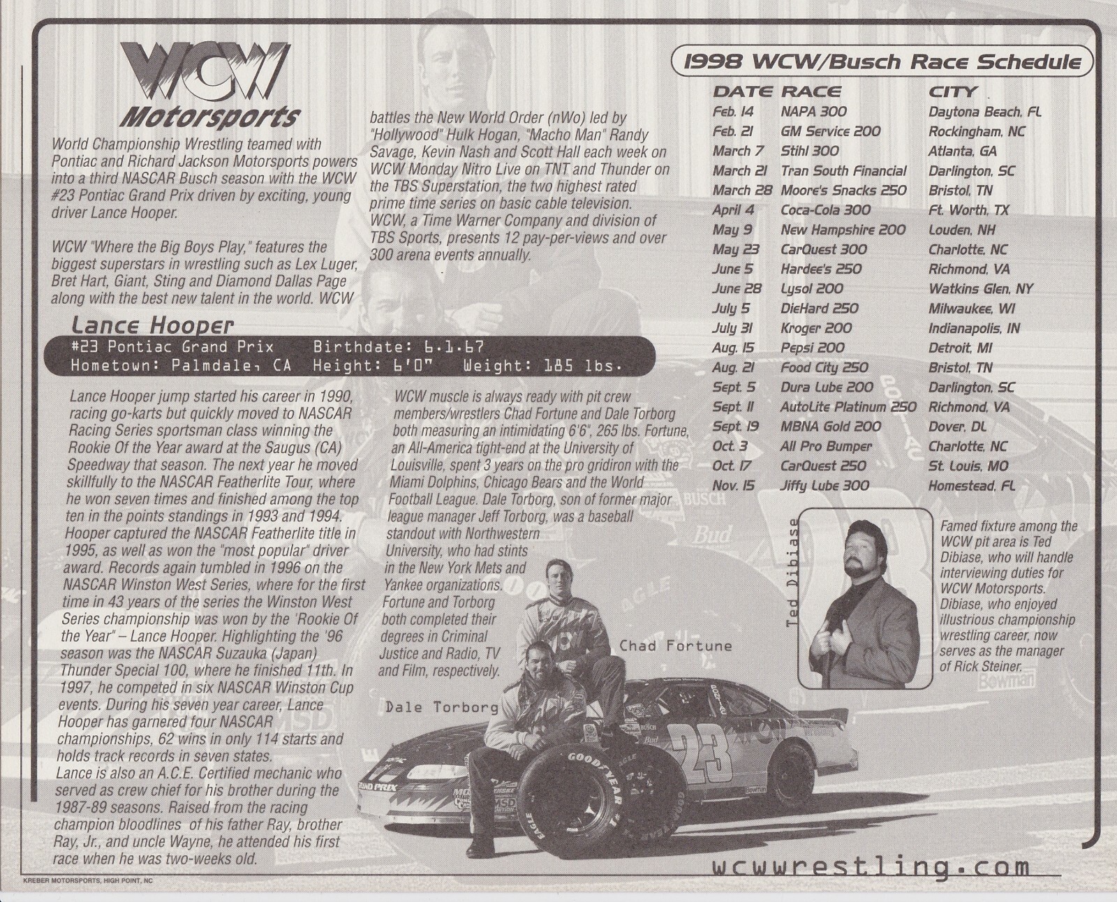 WCW MOTORSPORTS WITH DRIVER LANCE HOOPER LICENSE SHEET | eBay