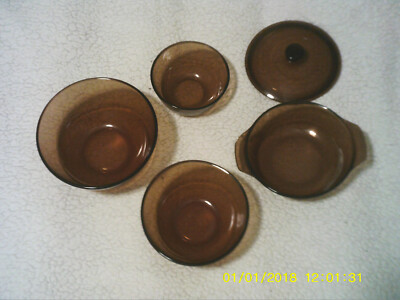 VINTAGE LOT OF 5 FIRE KING PYREX AMBER GLASS COOKING BOWLS OVEN PROOF 1 ...