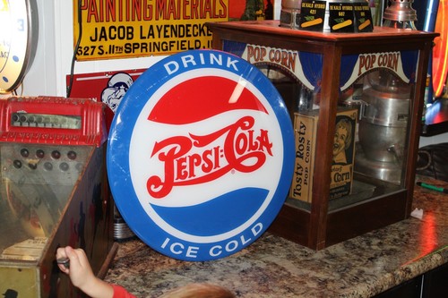 RARE 1950s DRINK PEPSI COLA ICE COLD SODA POP REVERSE PAINTED BUBBLE ...