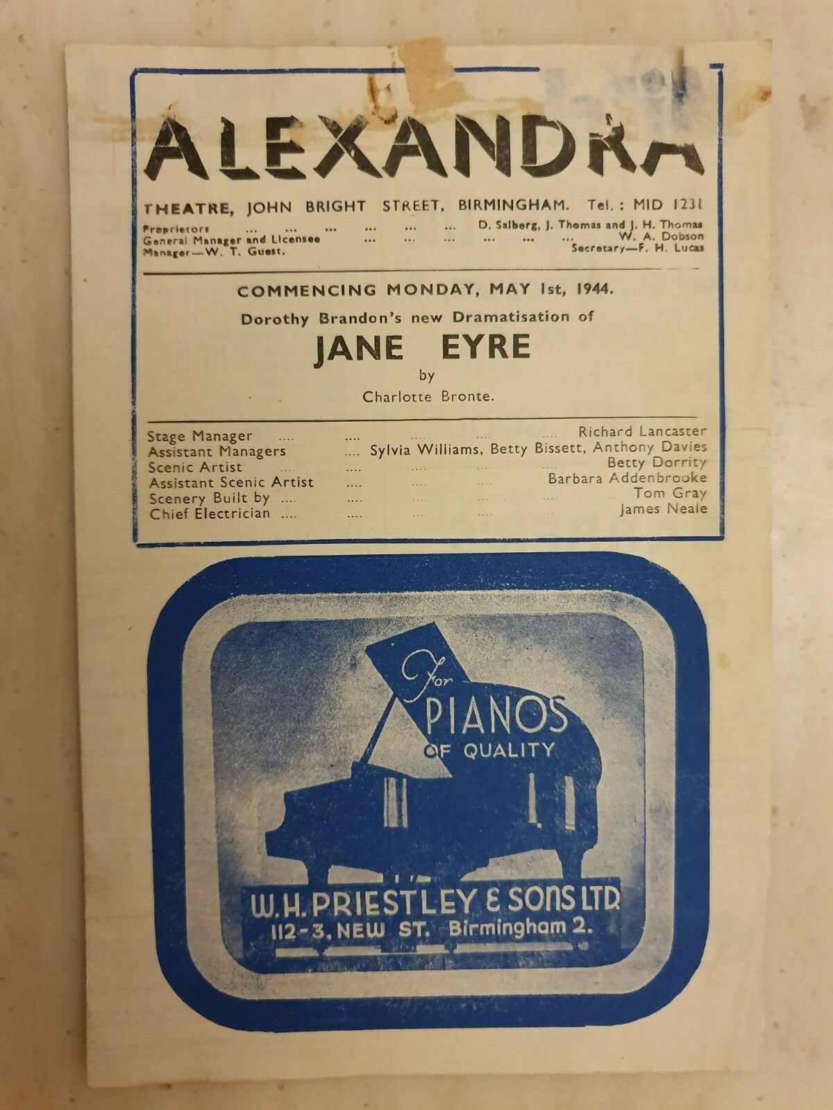 ALEXANDRA THEATRE JANE EYRE JOAN MILLER EDGAR VINCENT DENIS GOACHER ...