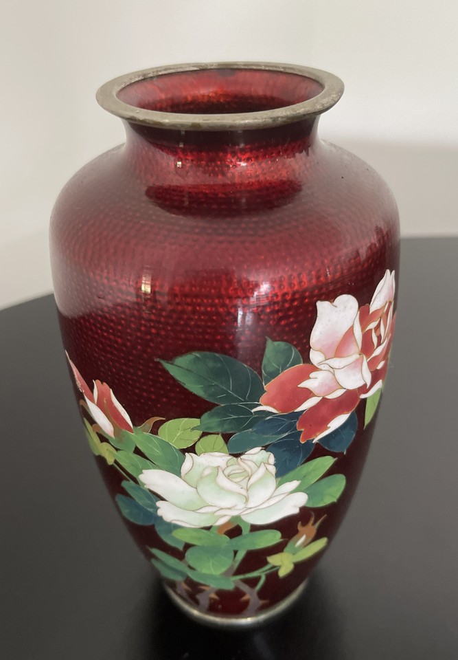 Antique Japanese Silver Bound Cloisonne Akasuke Pigeon Blood Vase 7.5 ...