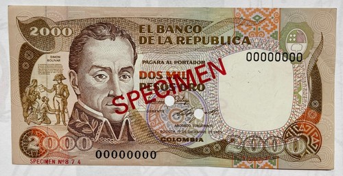 2000 Pesos Oro Specimen Banknote 1985 Old Colombian World Paper Money ...