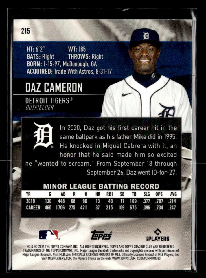 2021 Stadium Club Chrome #215 Daz Cameron Rookie Card Detroit Tigers | eBay
