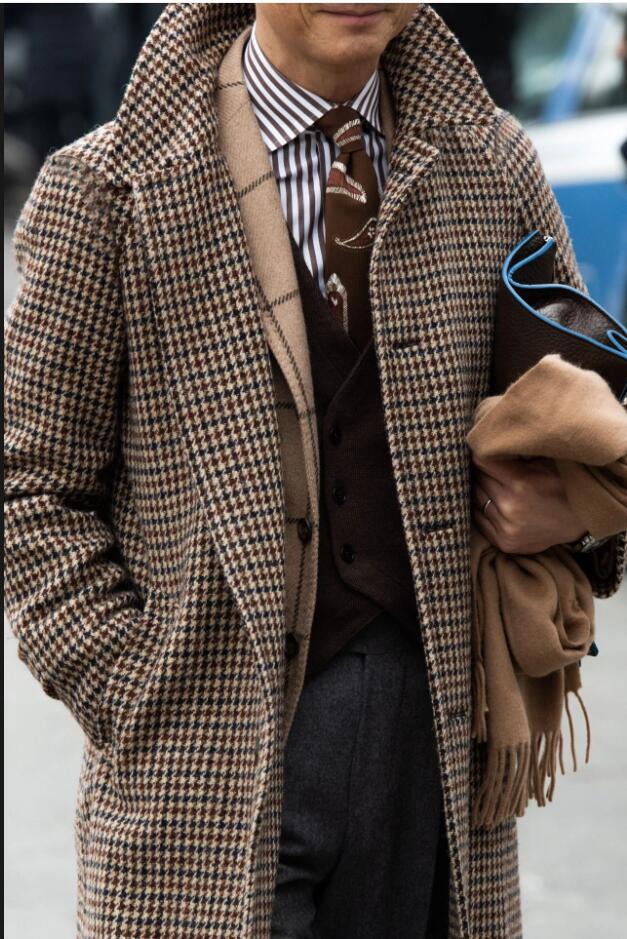 Houndstooth Men's Overcoat Wool Blend Vintage Winter Outwear Long ...
