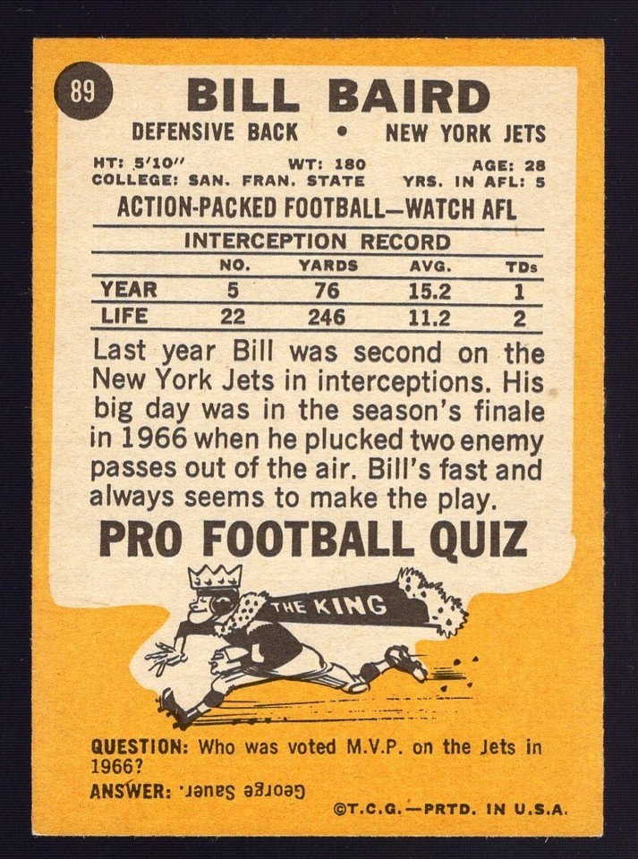 1967 EX-MT TOPPS AFL FOOTBALL CARD #89 BILL BAIRD NEW YORK JETS $1.88 ...
