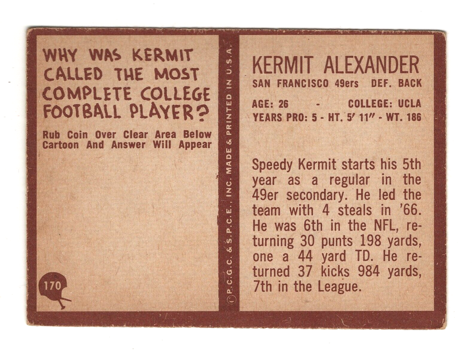 1967 Philadelphia Gum Football Card #170 Kermit Alexander – San ...