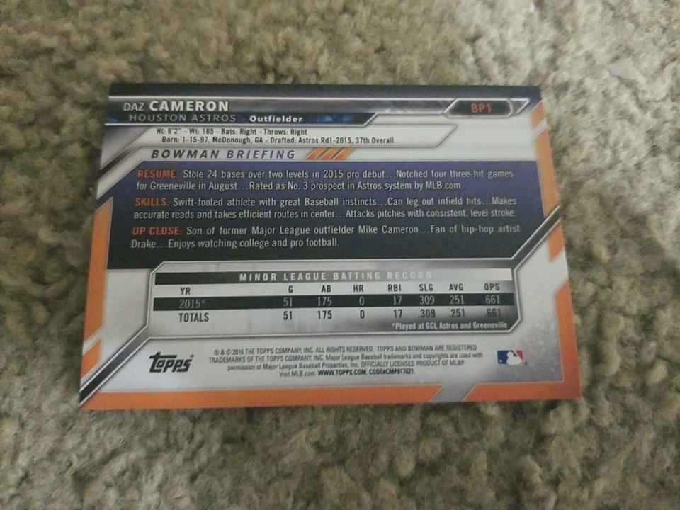DAZ CAMERON 2016 BOWMAN PROSPECT CARD BP-1 ASTROS/ORIOLES (FIRST ROOKIE ...