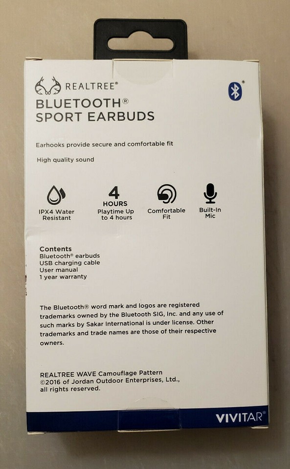 Realtree Bluetooth Sport Earbuds, IPX4 Water Resistant, 4 hrs playtime ...