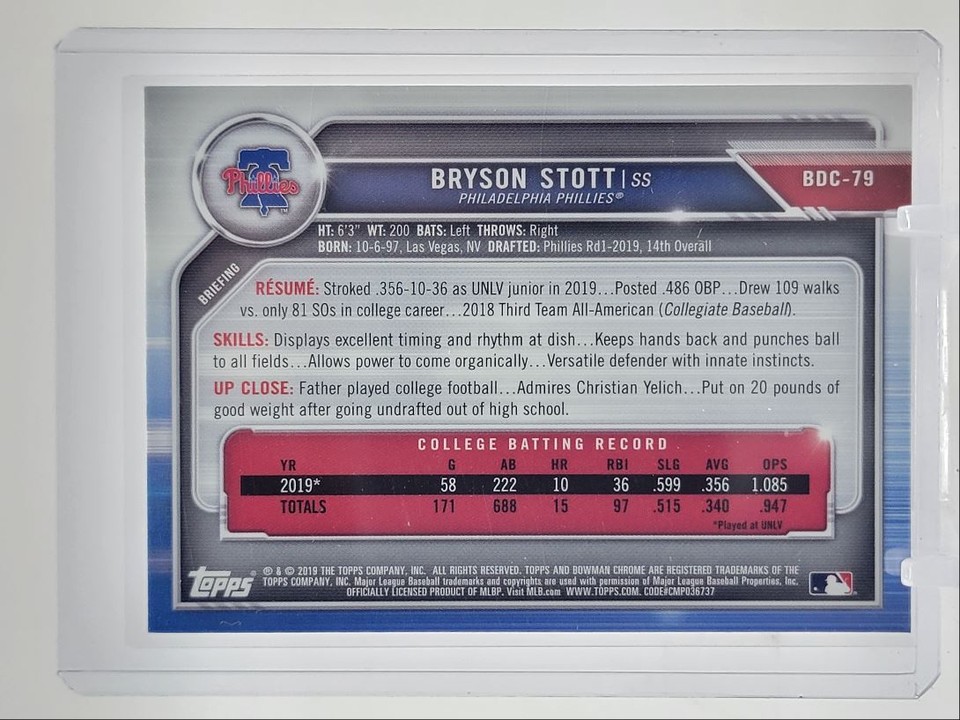 BRYSON STOTT 2019 BOWMAN CHROME DRAFT 1ST BASEBALL PHILLIES Q1765 | eBay