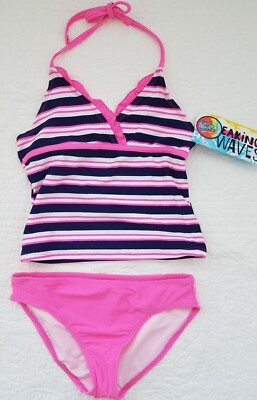 NEW GIRLS BREAKING WAVES TANKINI SET NAVY PINK STRIPE SZ 8,10/12,14/16 ...