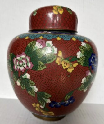 Antique Chinese RED Enamel Cloisonné Bronze Flowers Peonies Ginger Jar ...