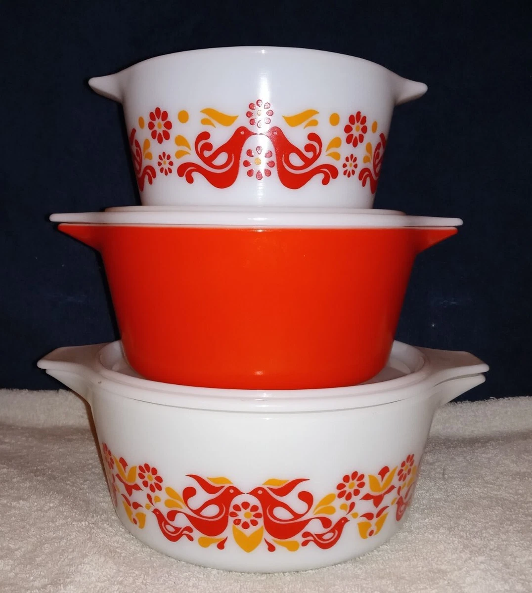 Vtg Pyrex Friendship Birds Red & Orange Fridgie Complete Set np.gov.lk