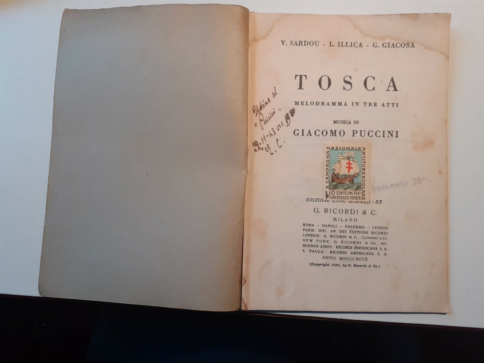 Libretto opera lirica TOSCA, Edizioni Ricordi 1943 | eBay
