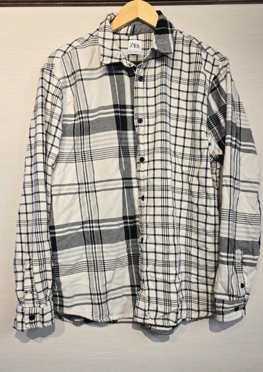 Zara Men's Flannel Shirt Shacket Size M Black White Plaid Checks | eBay