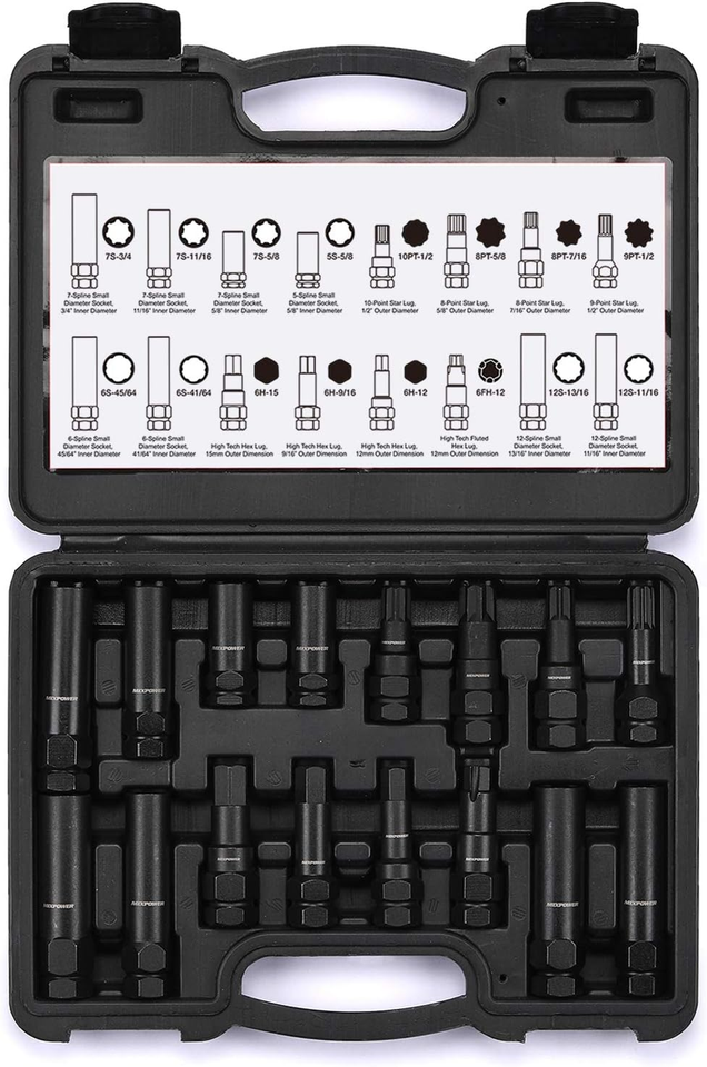 16-Piece Locking Lug Nut Master Key Set of Spline Star and Hex Style ...