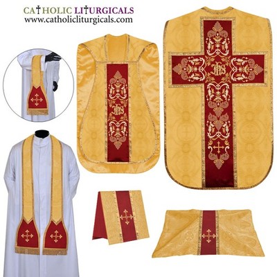 NEW Yellow Gold Roman Chasuble Fiddleback Vestment and Mass set - IHS ...