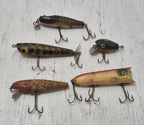 Lot of 5 Vintage Wood Wooden Fishing Lures Heddon/Shakespeare/Garrett ...