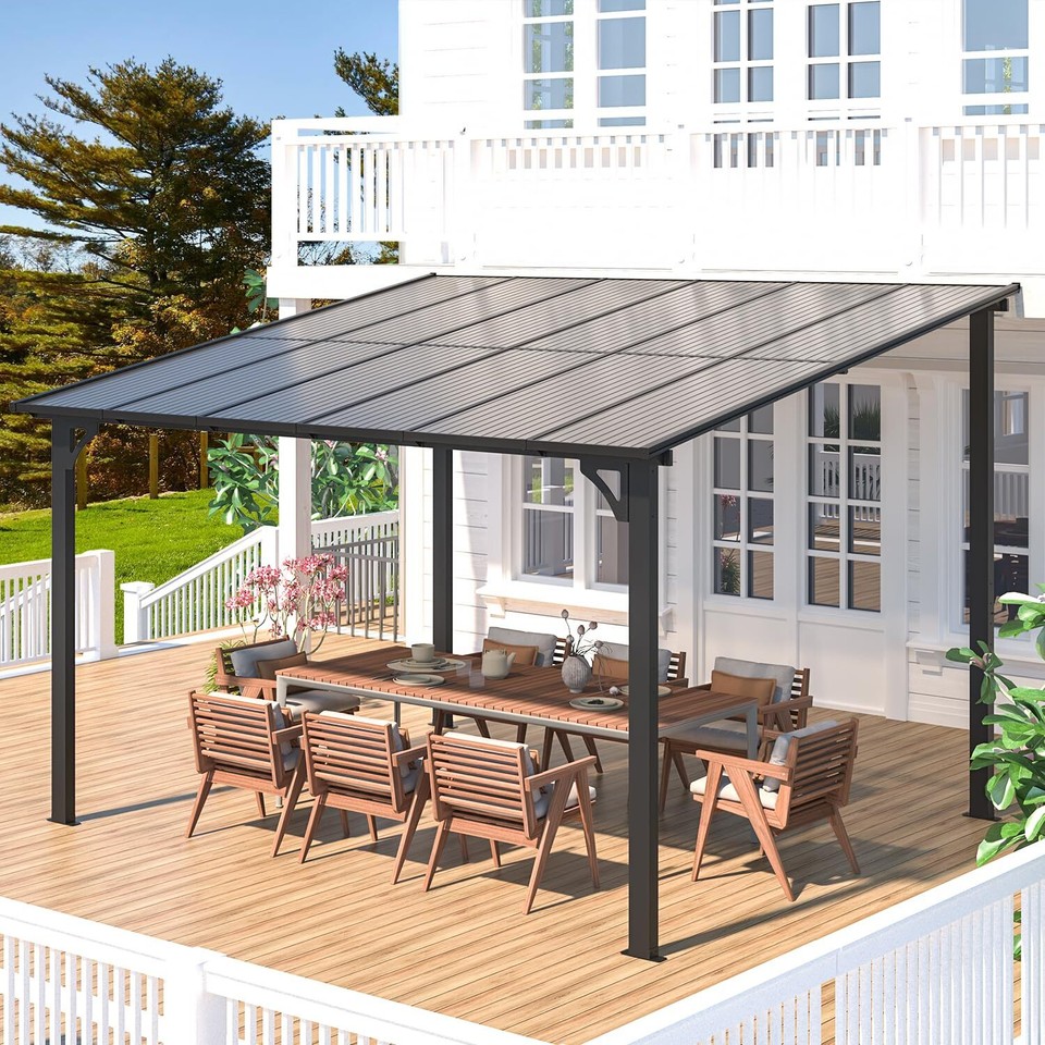 Outdoor Metal Lean to Gazebo Large Patio Wall-Mounted Pergola Hard Top ...