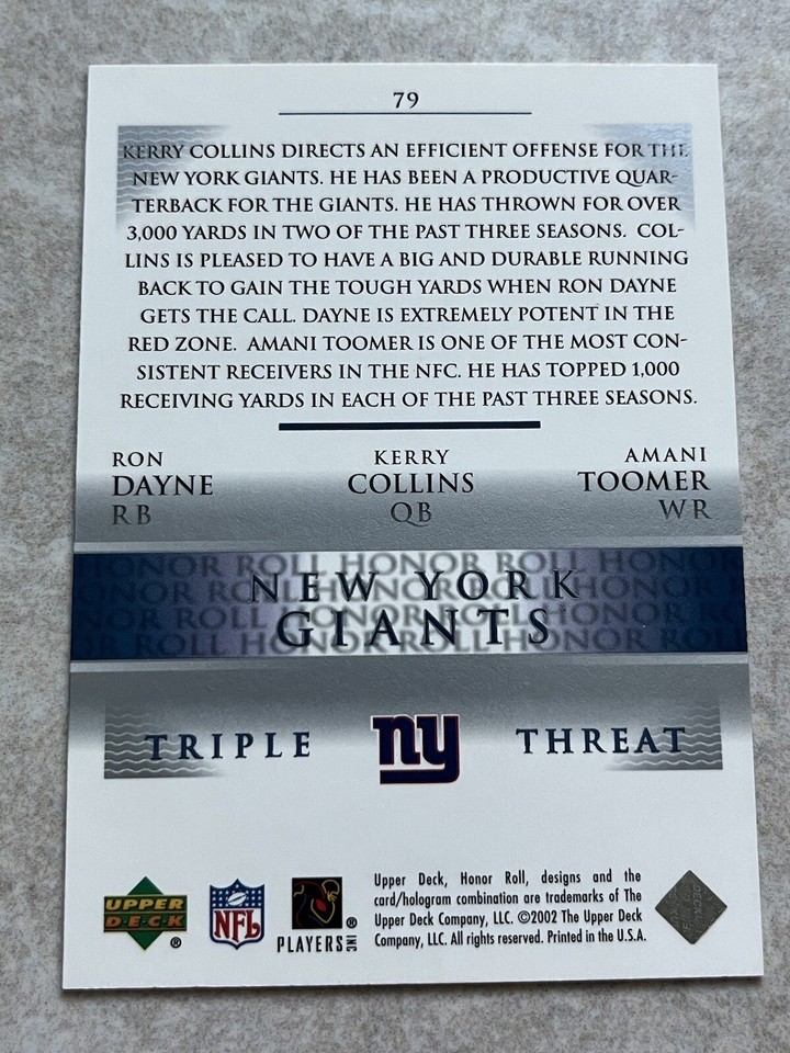 2002 Upper Deck Triple Threat Ron Dayne Kerry Collins Amani Toomer #79 Giants | eBay