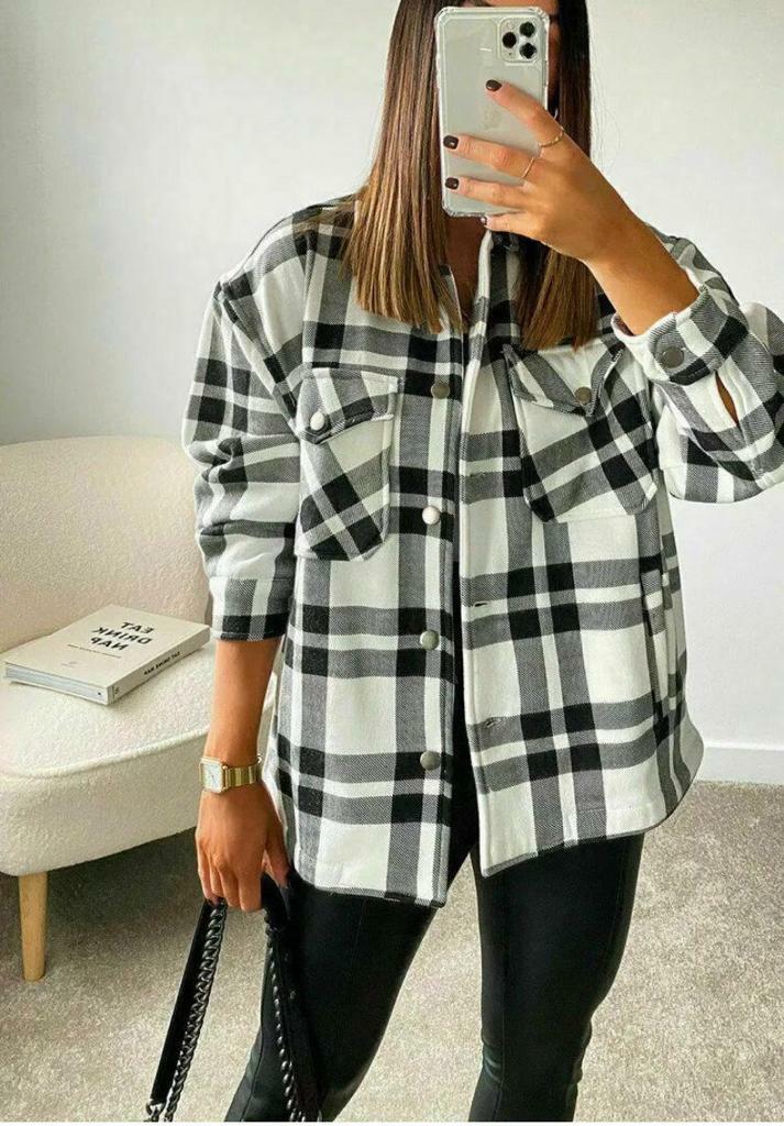 Check Fleece Casual Hooded Women Oversize Jacket Shacket Top Shirt Coat ...