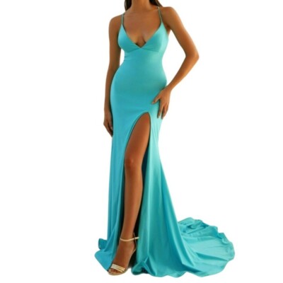 Clarisse V-Neck Lace Up Open Back High Leg Slit Gown Aqua Blue Size 4 ...