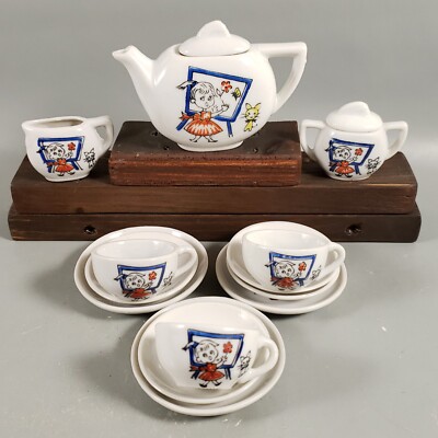 Vintage Mid Century Child's Porcelain TOY TEA SET Cartoon Girl Cat ...