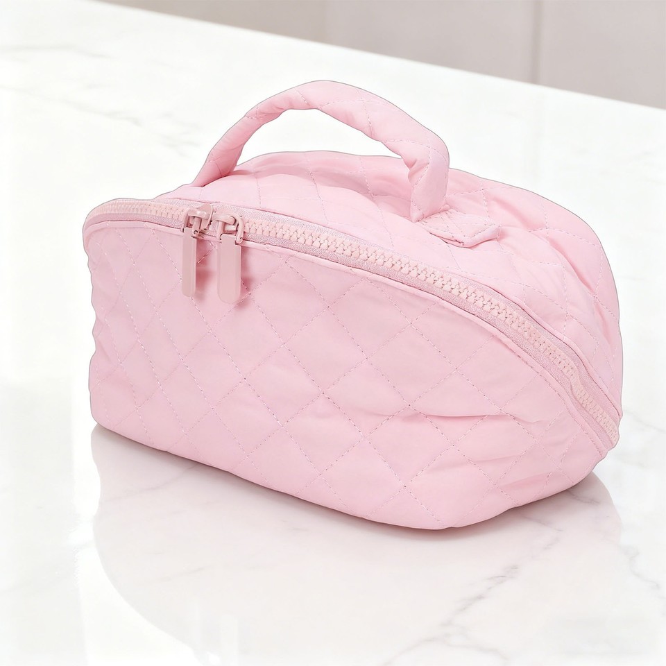 Pink Lay Flat Travel Makeup Bag For Women 180° Lay Flat Water Proof ...